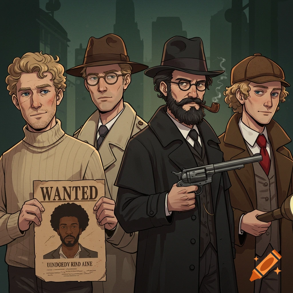 Four cartoon-style detectives, one holding a wanted poster, another a ...