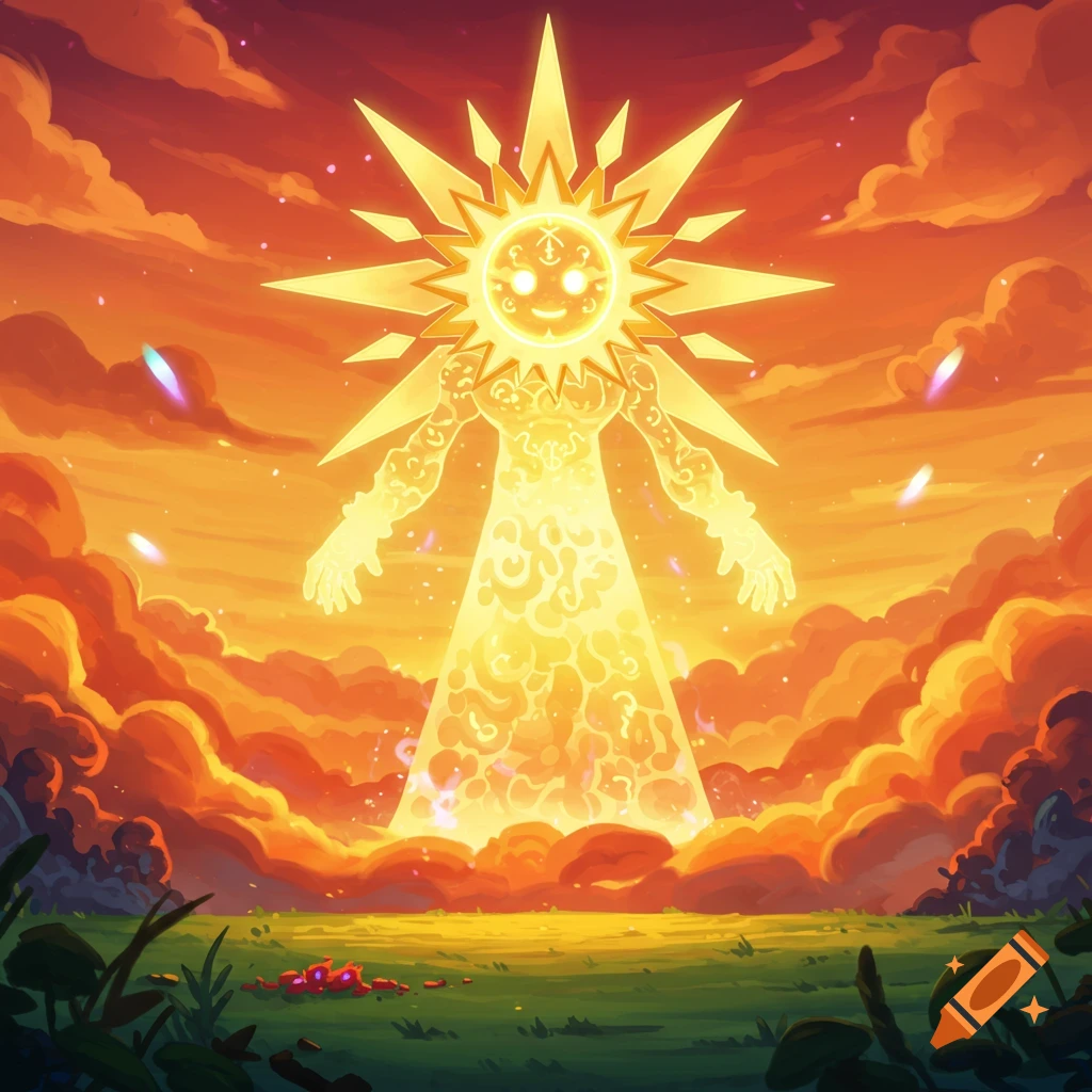 A stylized, glowing humanoid figure with a sun for a head, made of ...