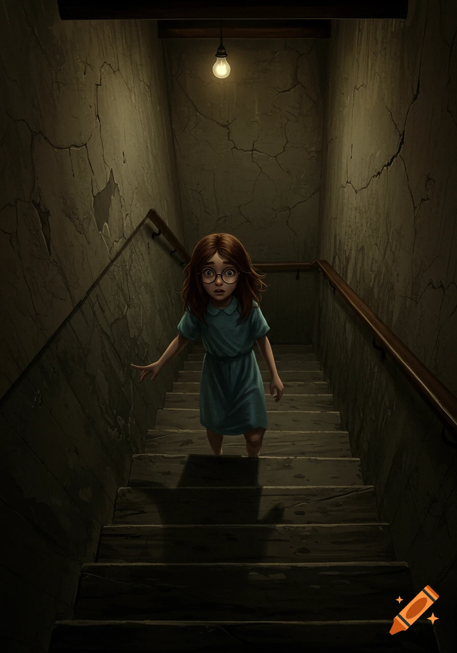 A scared cartoon girl with glasses and brown hair descends dark ...