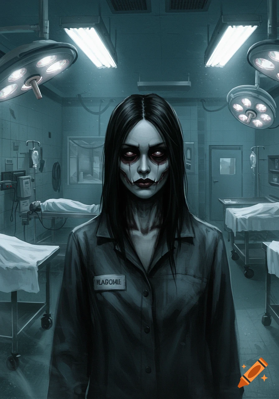 A gothic woman with eerie makeup, dark hair, and red eyes stands in a ...