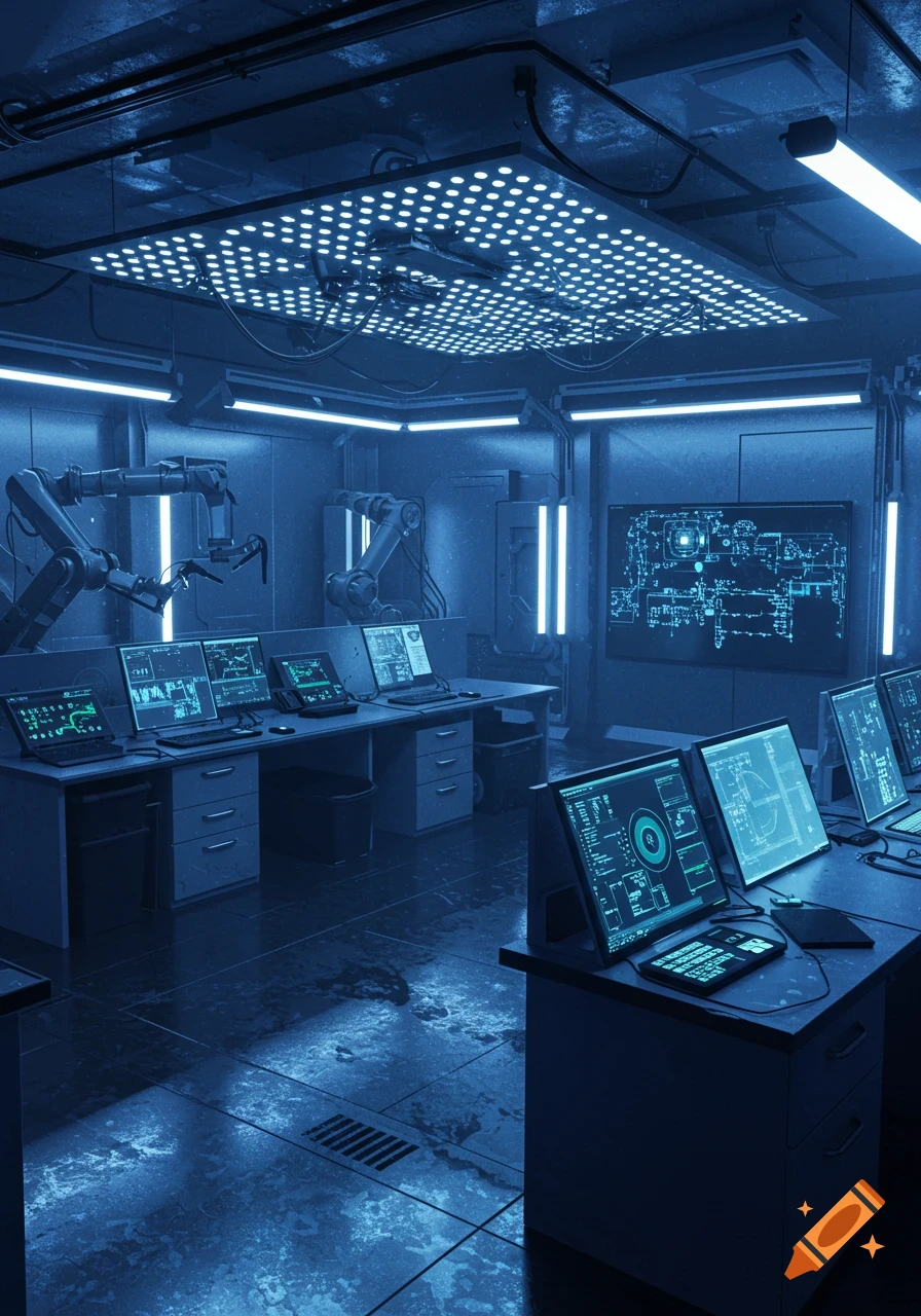 A blue-lit, futuristic electronic laboratory with multiple computer ...