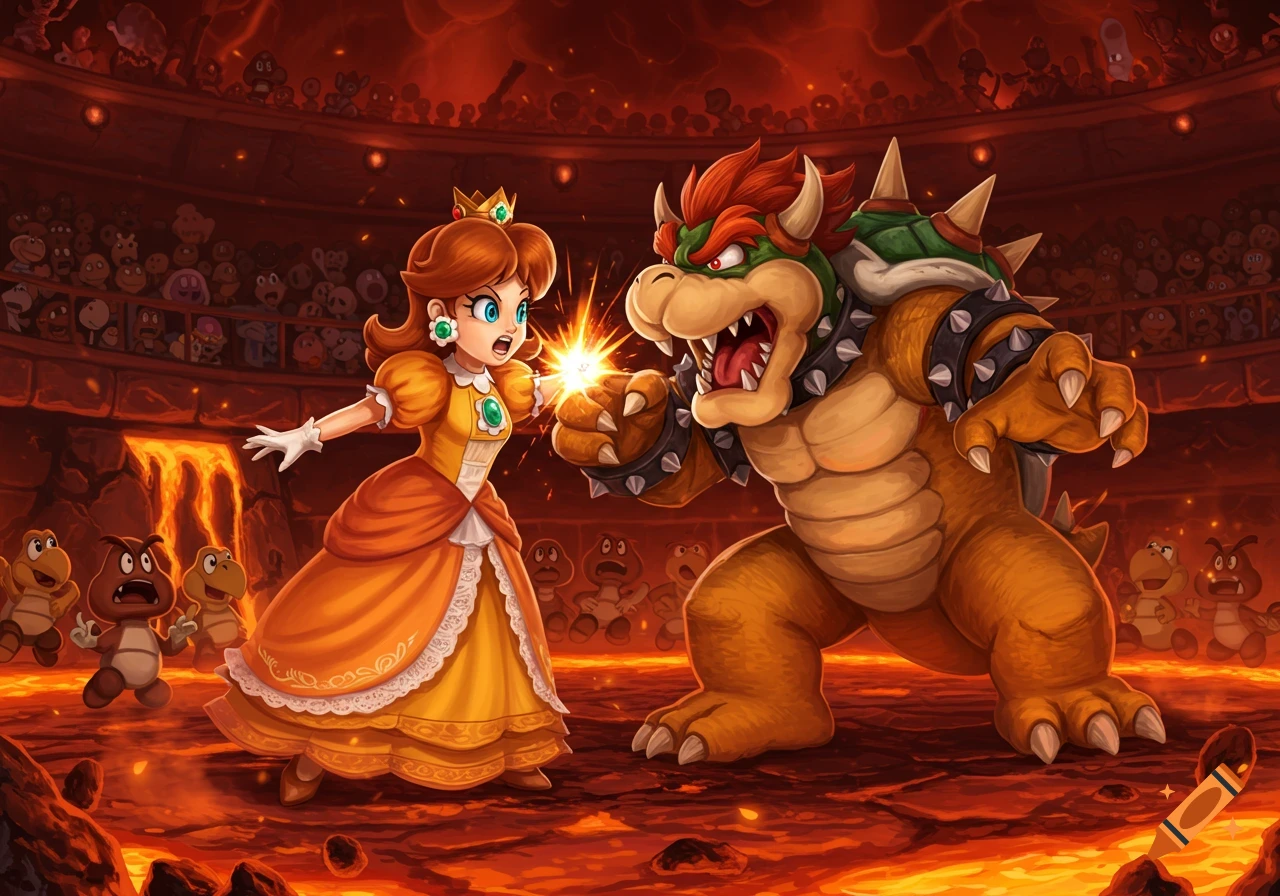 Princess Daisy attacks Bowser with an energy blast in a vibrant ...