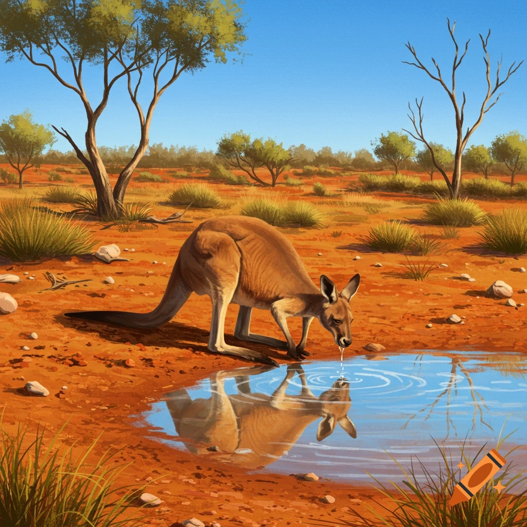 A kangaroo drinks water from a small pond, reflecting its image, in a ...