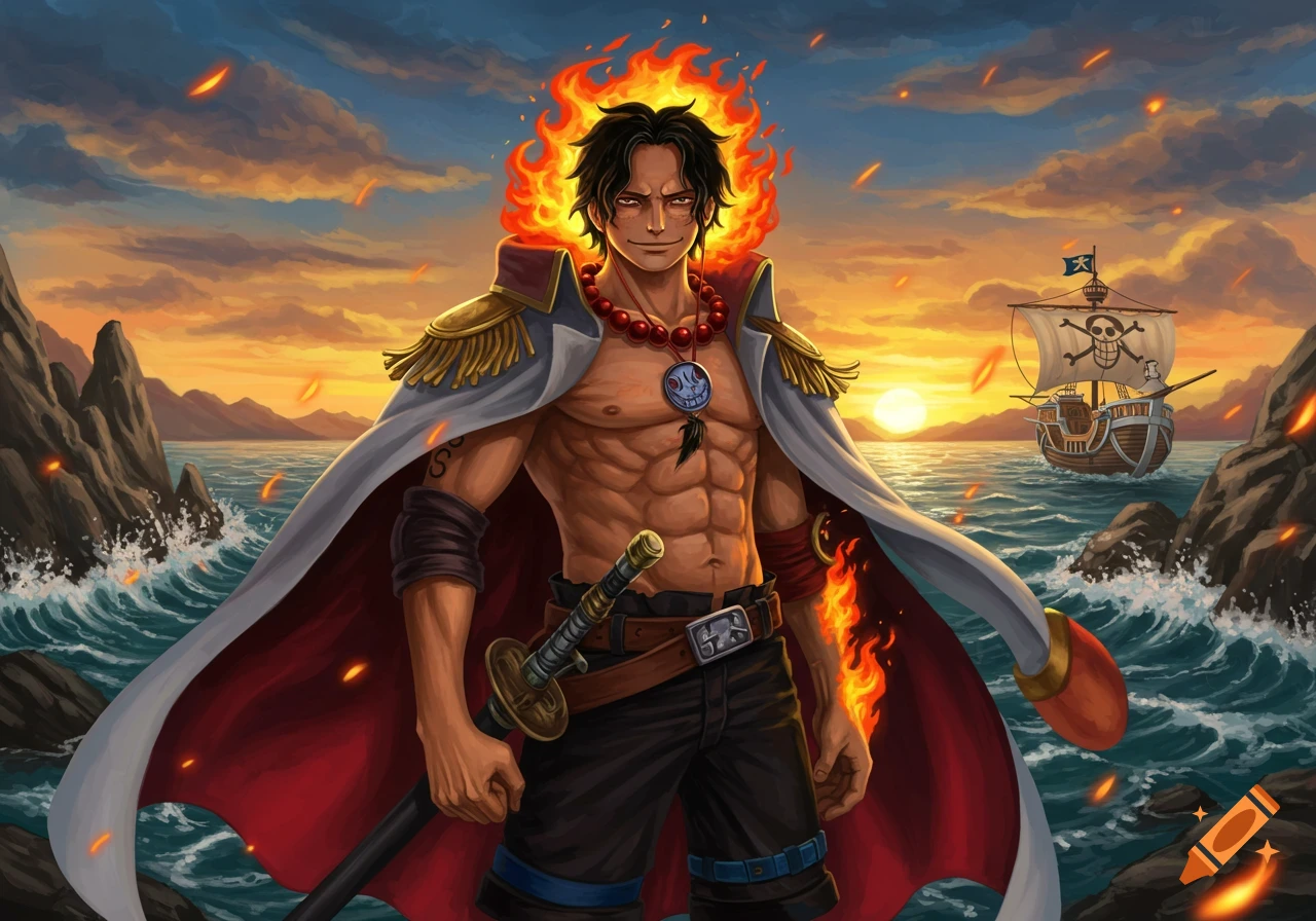 Portgas D. Ace from One Piece stands on choppy seas, flames around his ...
