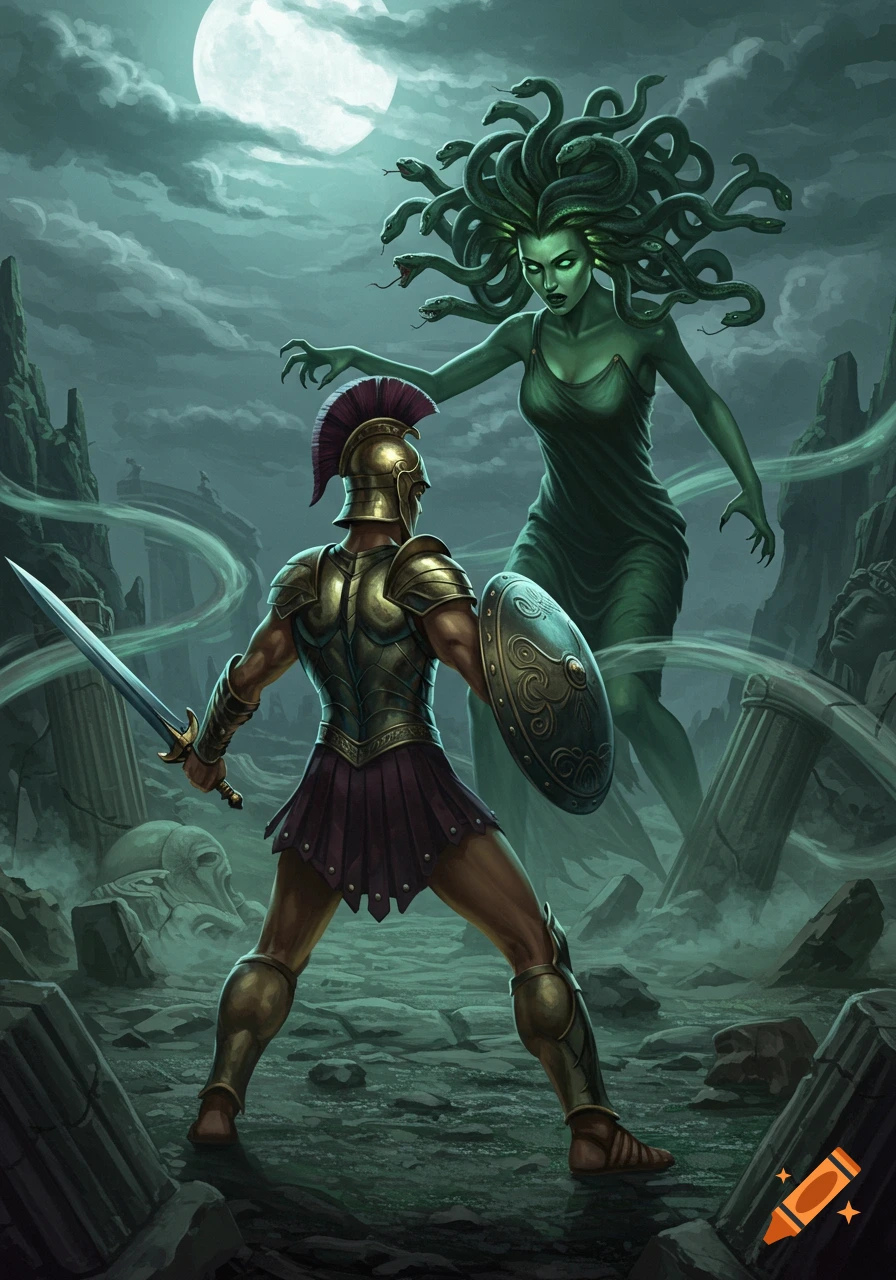 Perseus in golden armor, with sword and shield, faces Medusa with snake ...