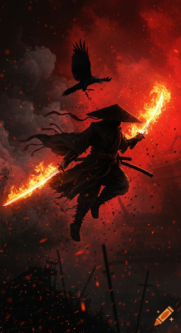 Dark samurai in a conical hat leaping with two flaming katanas, a black ...