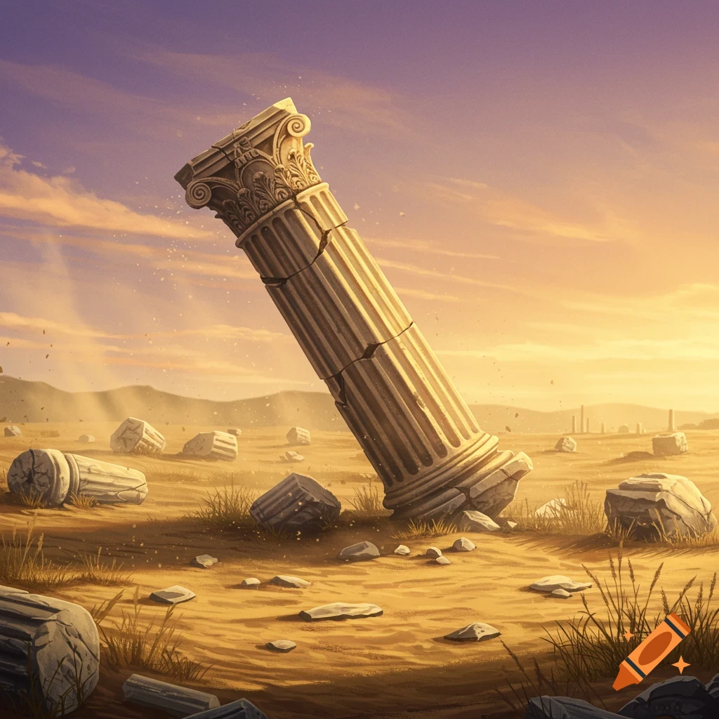 A large, cracked Roman column tips over in a desert landscape scattered ...
