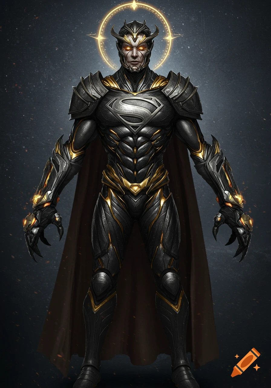 An intimidating armored superhero/villain in a matte black and gold ...