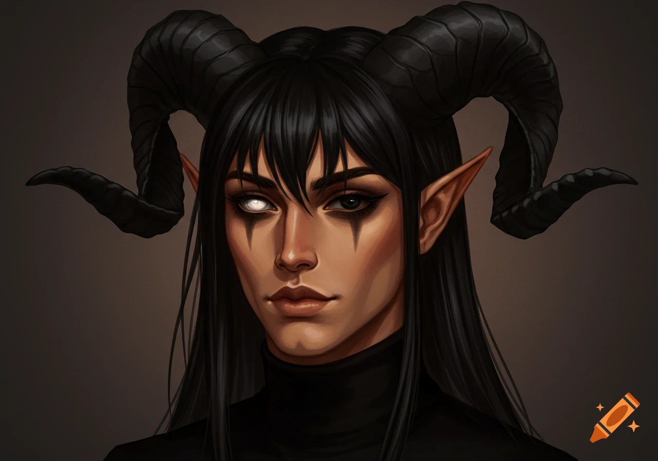 Digital painting of a fantasy character with black ram horns, long ...