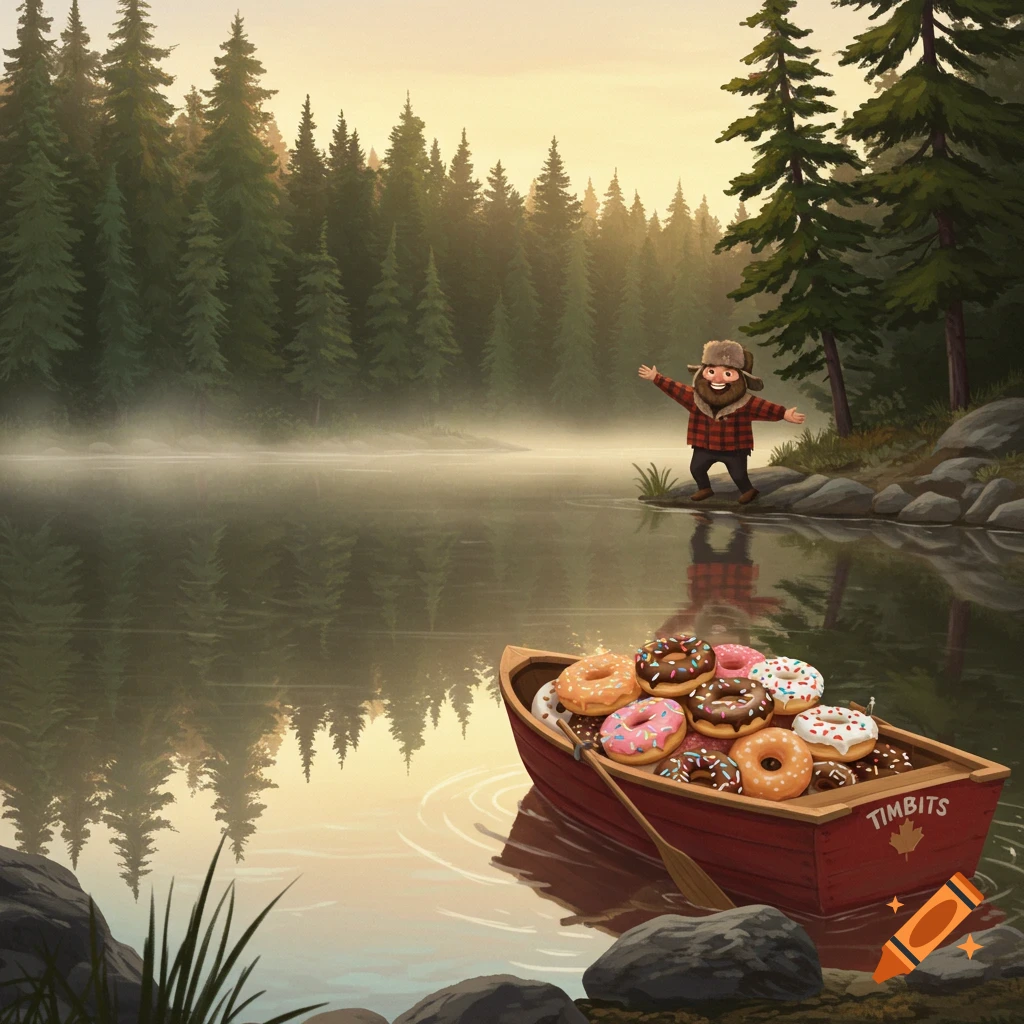 A cartoon trapper in a forest stands by a misty lake as a red rowboat ...