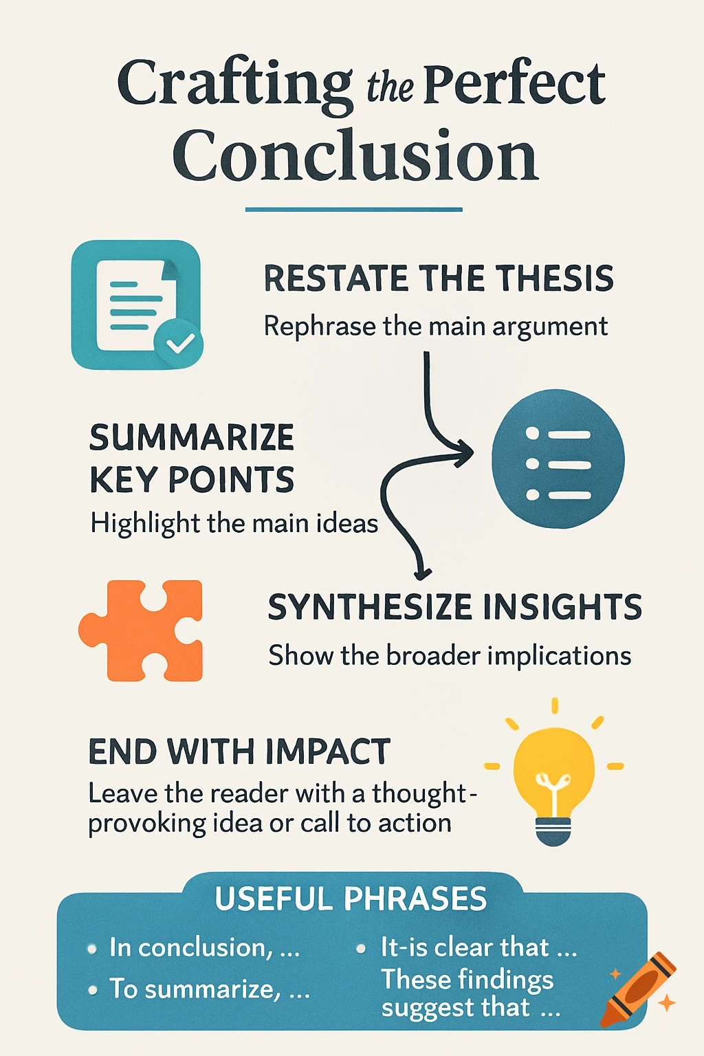 An infographic titled 'Crafting the Perfect Conclusion' with steps like ...