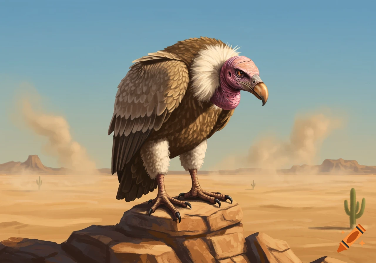 An illustrated vulture with a pink, bald head and white ruff stands on ...