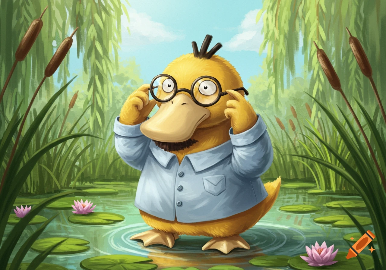 A cartoon Psyduck wearing glasses and a light blue shirt, with a small ...