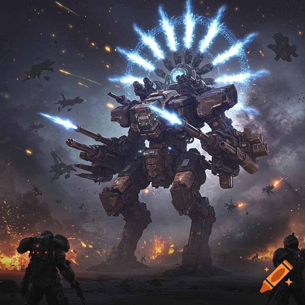 A massive, heavily armed sci-fi mech with a halo of energy cannons ...