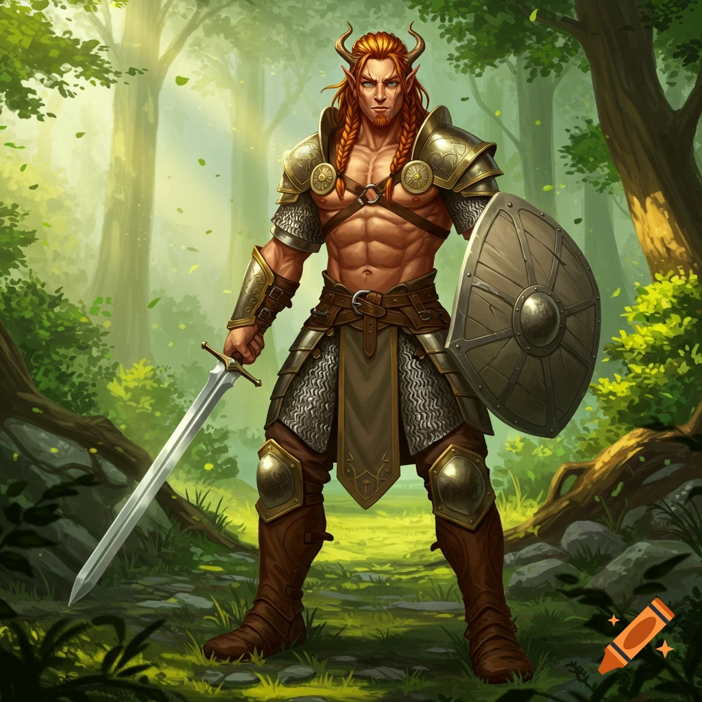 A muscly ginger-haired wood elf paladin in armor stands in a sunlit ...