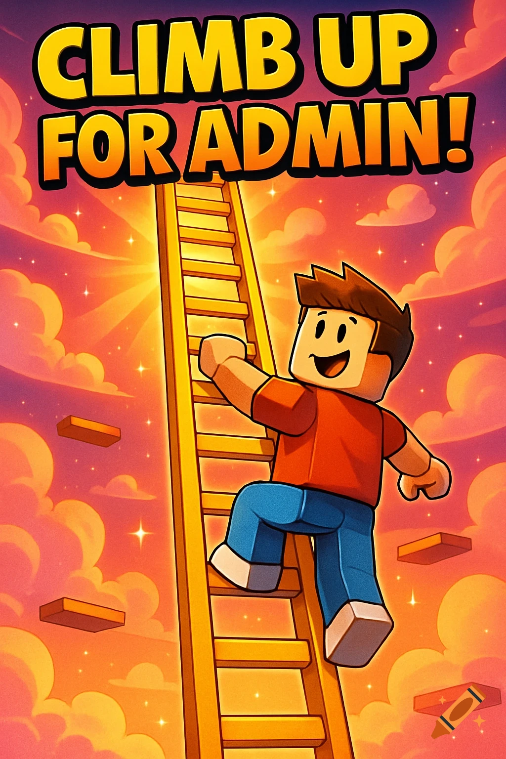 A Roblox-style cartoon character climbs a long golden ladder into a ...