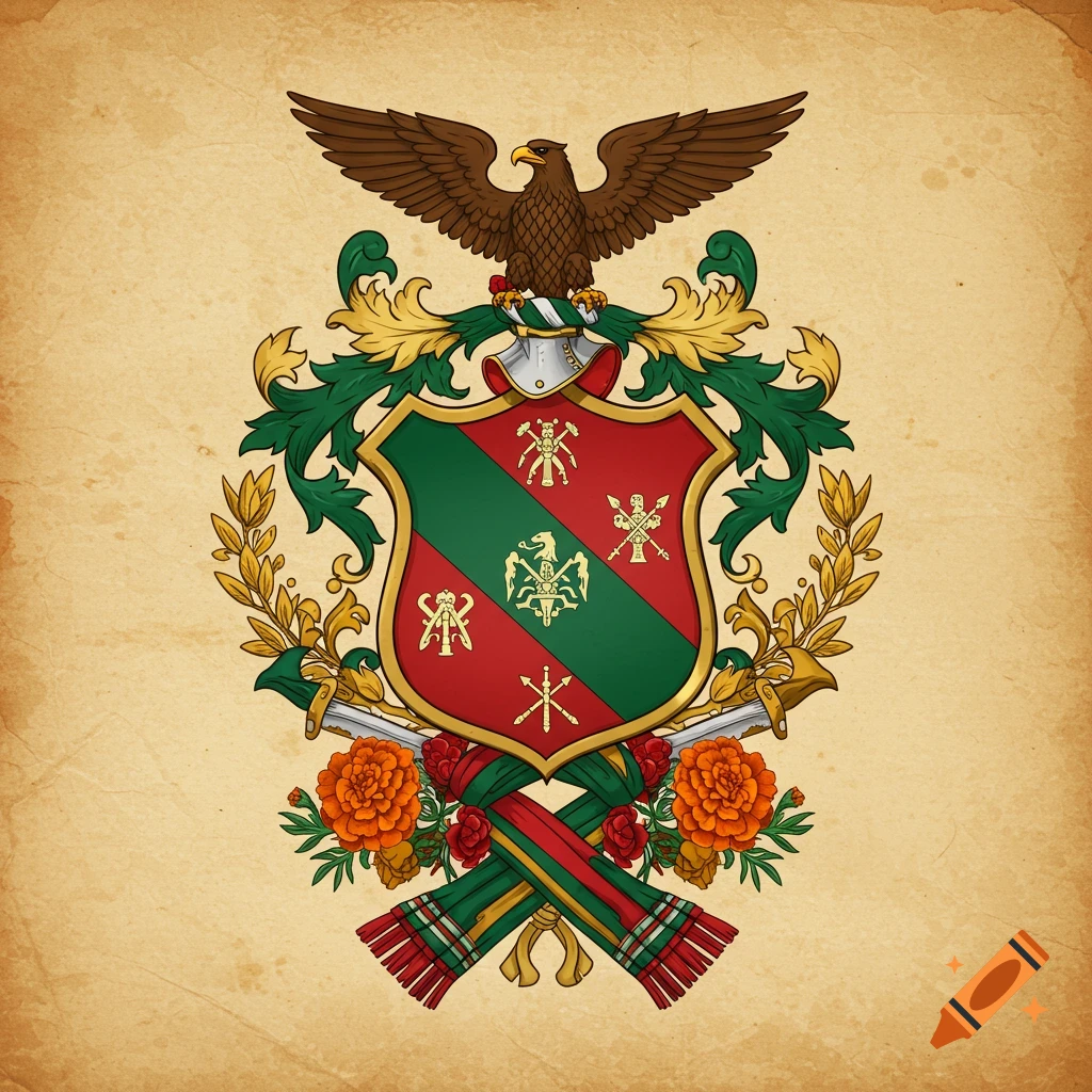 Ornate family crest with a brown eagle, a red and green shield with ...