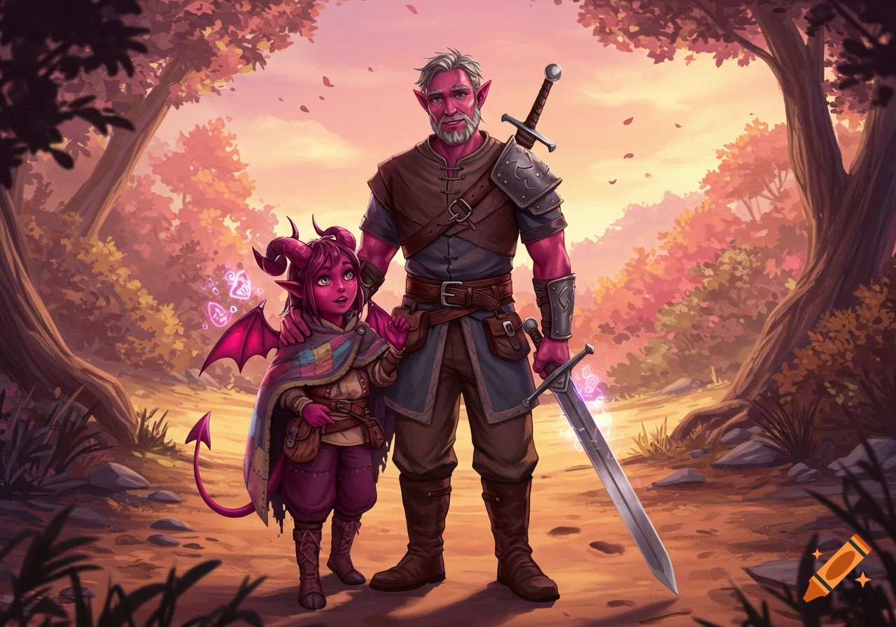 Fantasy Illustration Of A Red Skinned Tiefling Father And His Horned