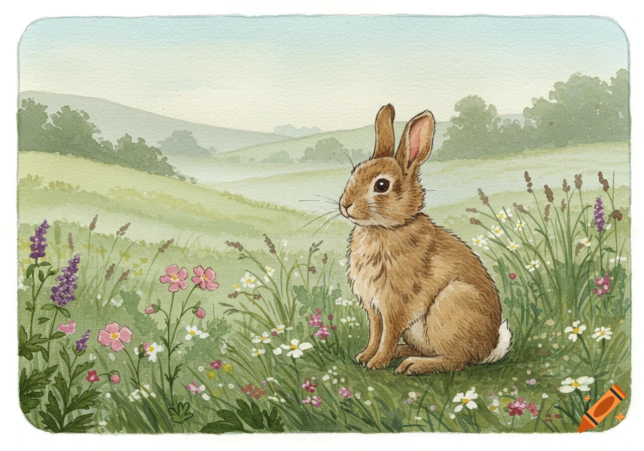 A brown rabbit sits in a field of green grass and colorful wildflowers ...