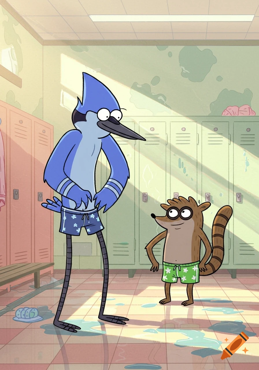 Mordecai and Rigby from Regular Show wear swimming trunks in a changing ...