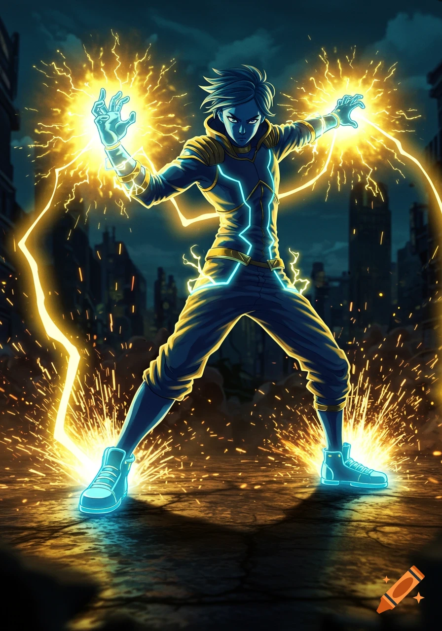 Anime character in a blue and gold suit with lightning patterns on a ...