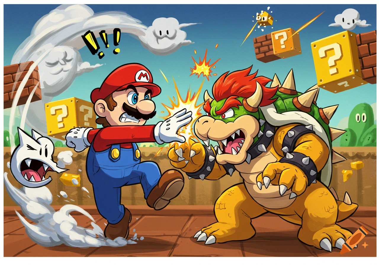 Mario and Bowser fighting in a vibrant, cartoon-style Super Mario scene ...