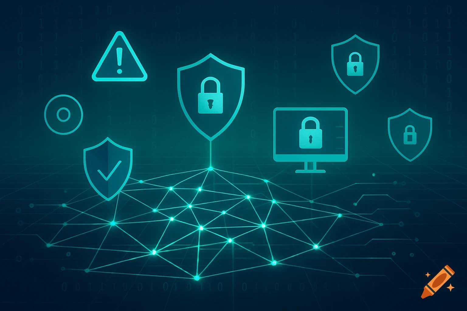 Graphic illustration of cybersecurity featuring shields, locks, a ...