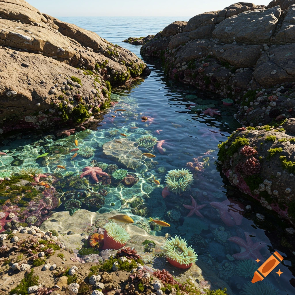 A vibrant, photorealistic rock pool with clear water, featuring ...