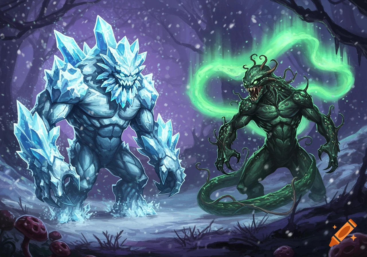 A digital illustration of a blue ice monster and a green plant monster ...
