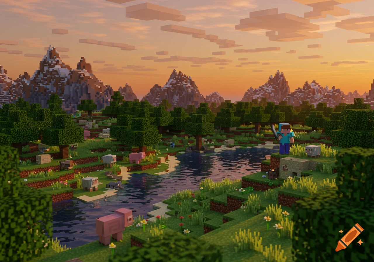 Minecraft landscape featuring Steve by a winding river, surrounded by ...