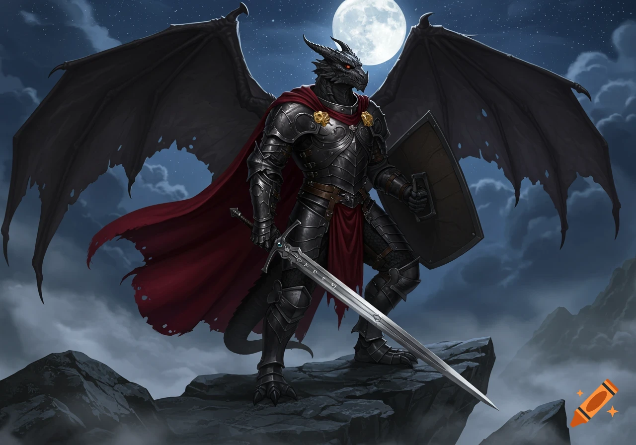 Black dragonborn warrior in full plate armor, red cape, and large wings ...