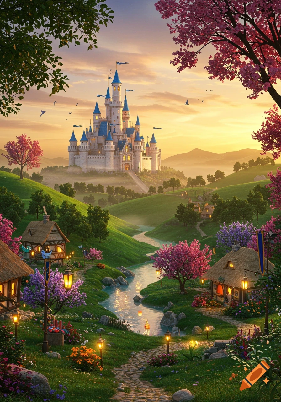 A vibrant fairytale landscape with a grand castle, rolling green hills ...