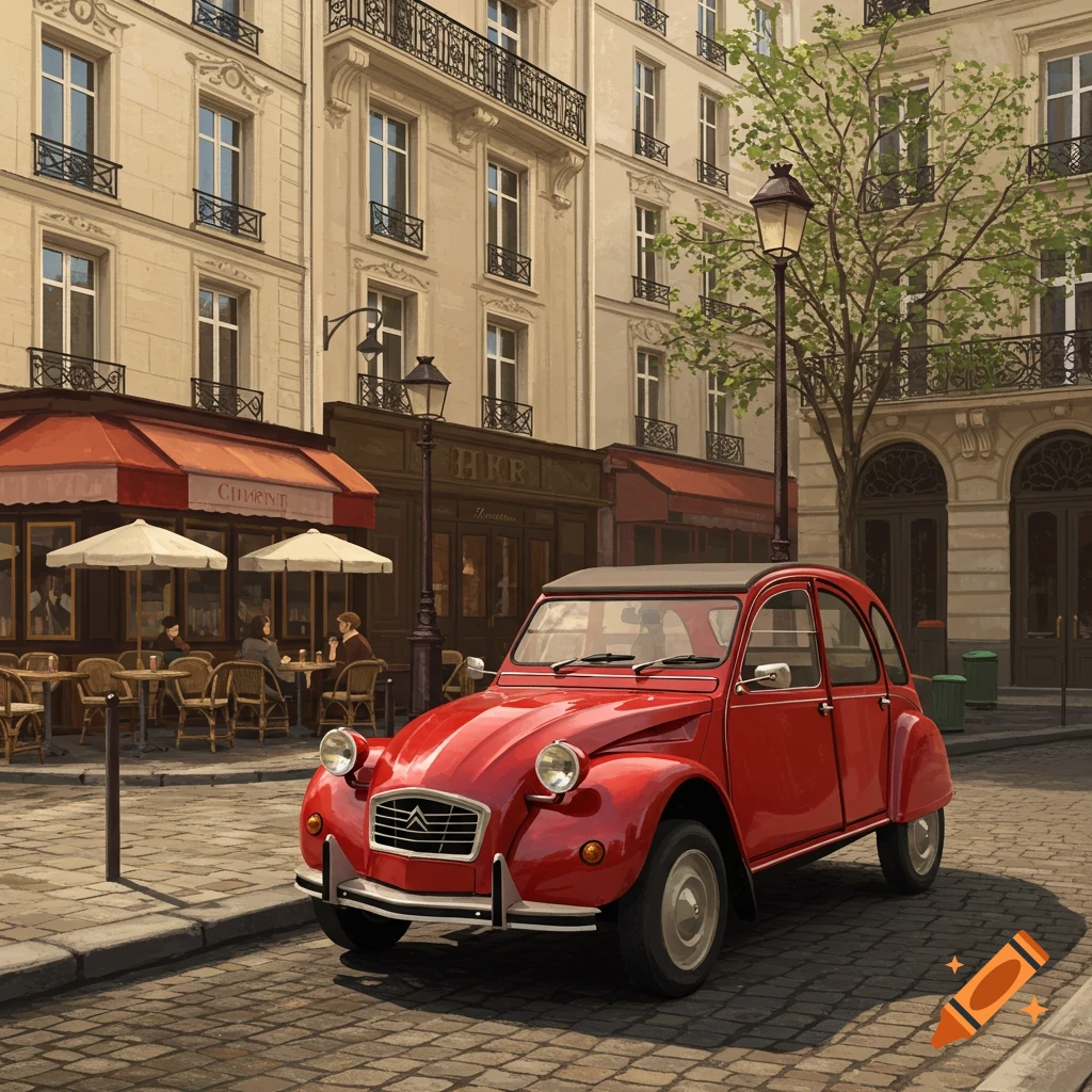 A red Citroën 2CV car parked on a cobblestone street in front of a ...