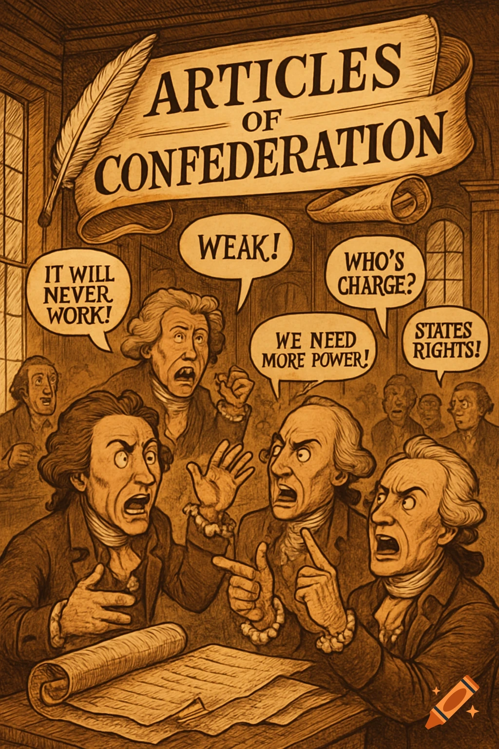 A vintage political cartoon shows several angry Founding Fathers ...