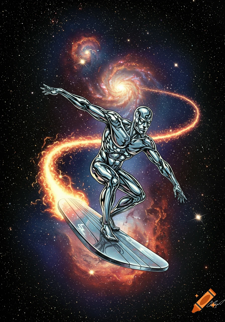 Silver Surfer, a metallic figure on a surfboard, glides through a star ...