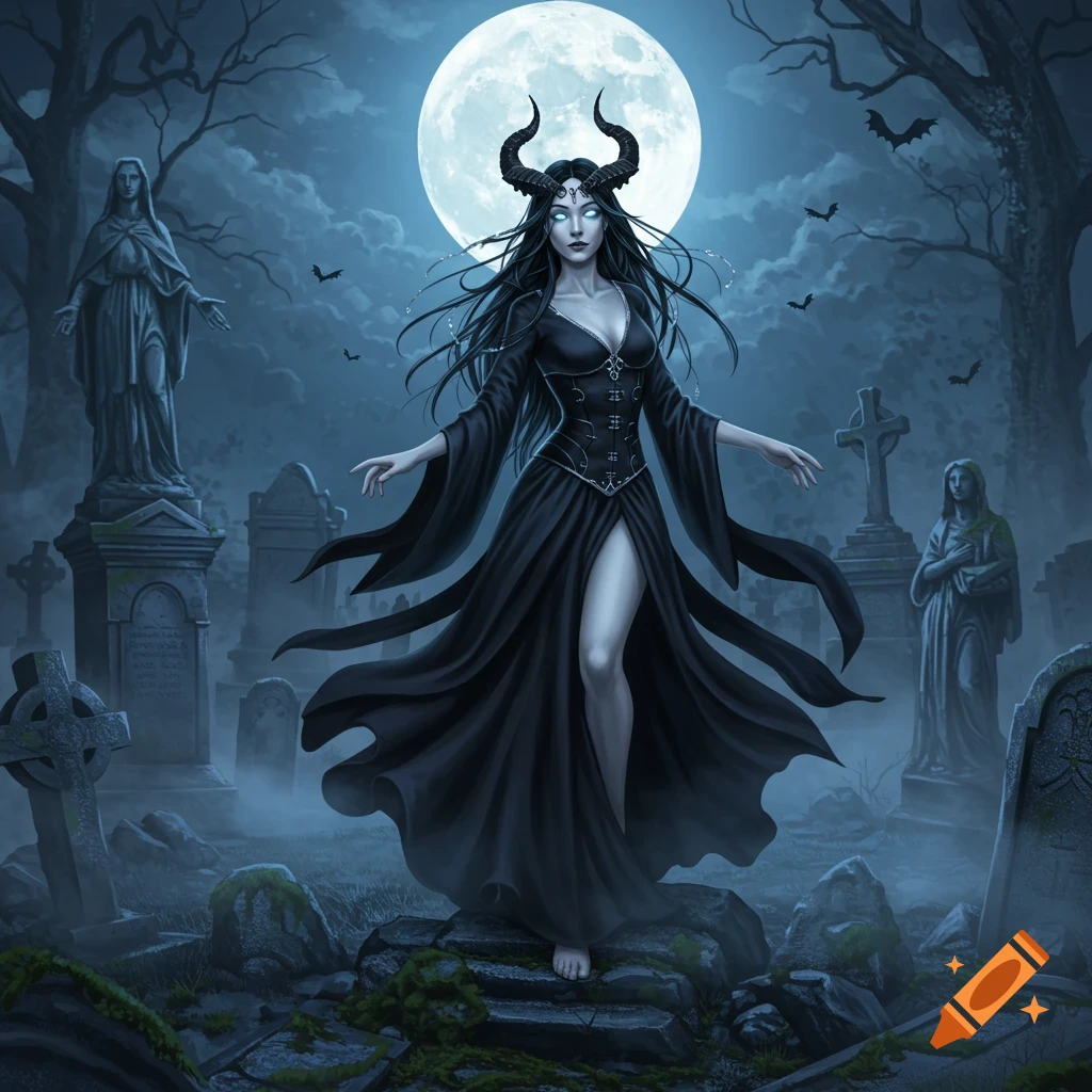 A horned sorceress in a black gown stands barefoot in a misty graveyard ...