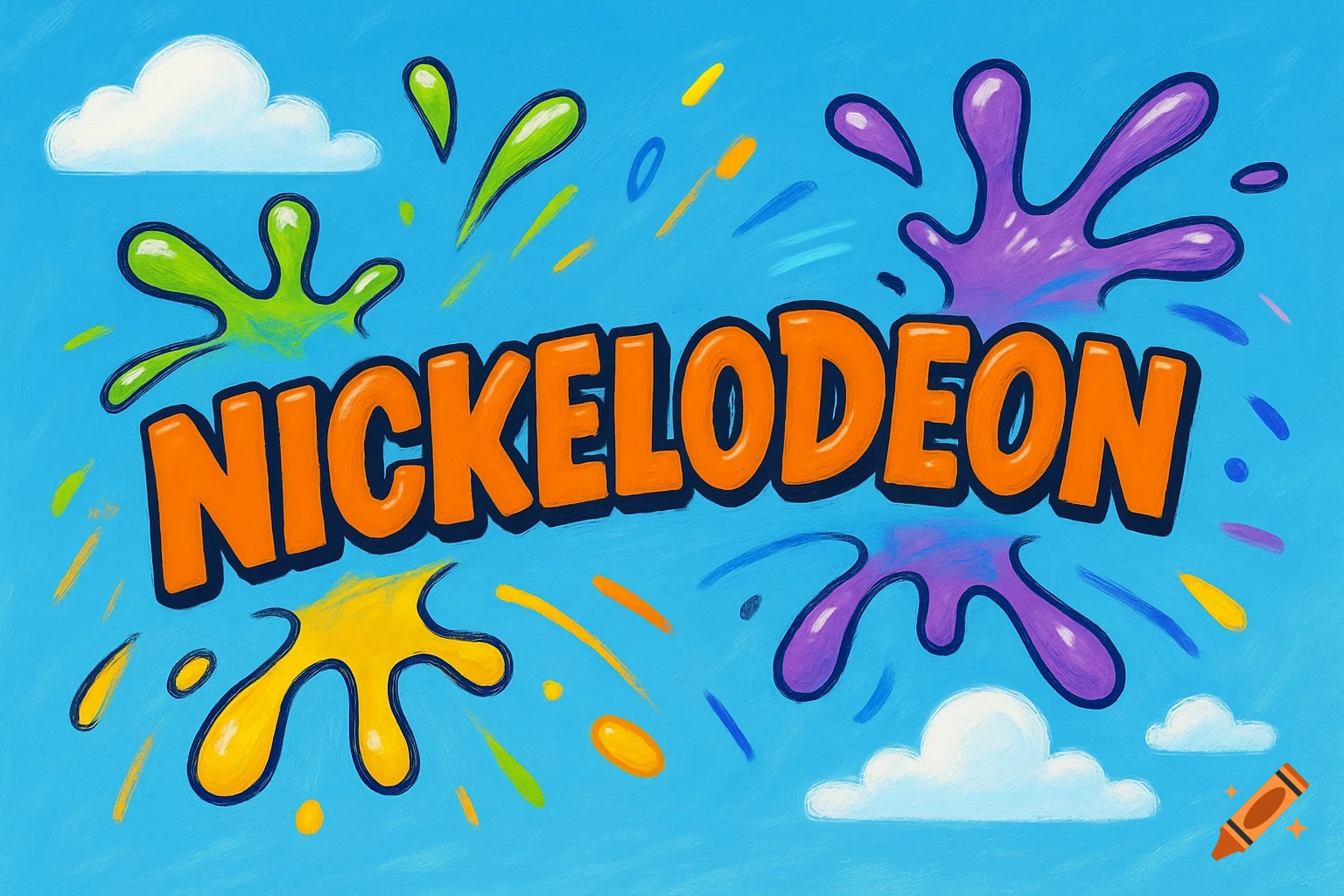 Orange Nickelodeon logo with colorful paint splatters and white clouds ...