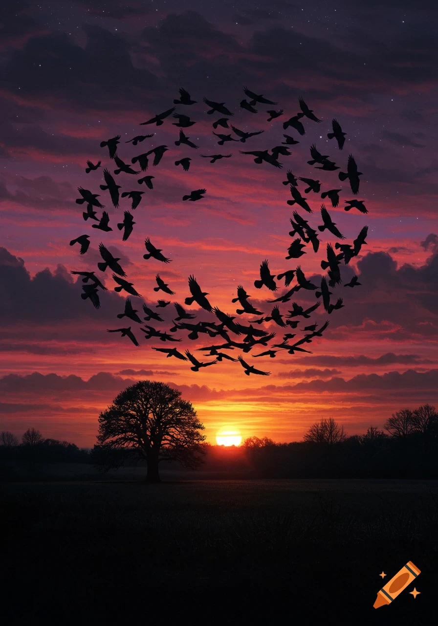 A flock of crows forms a circle in a vibrant sunset sky above a ...