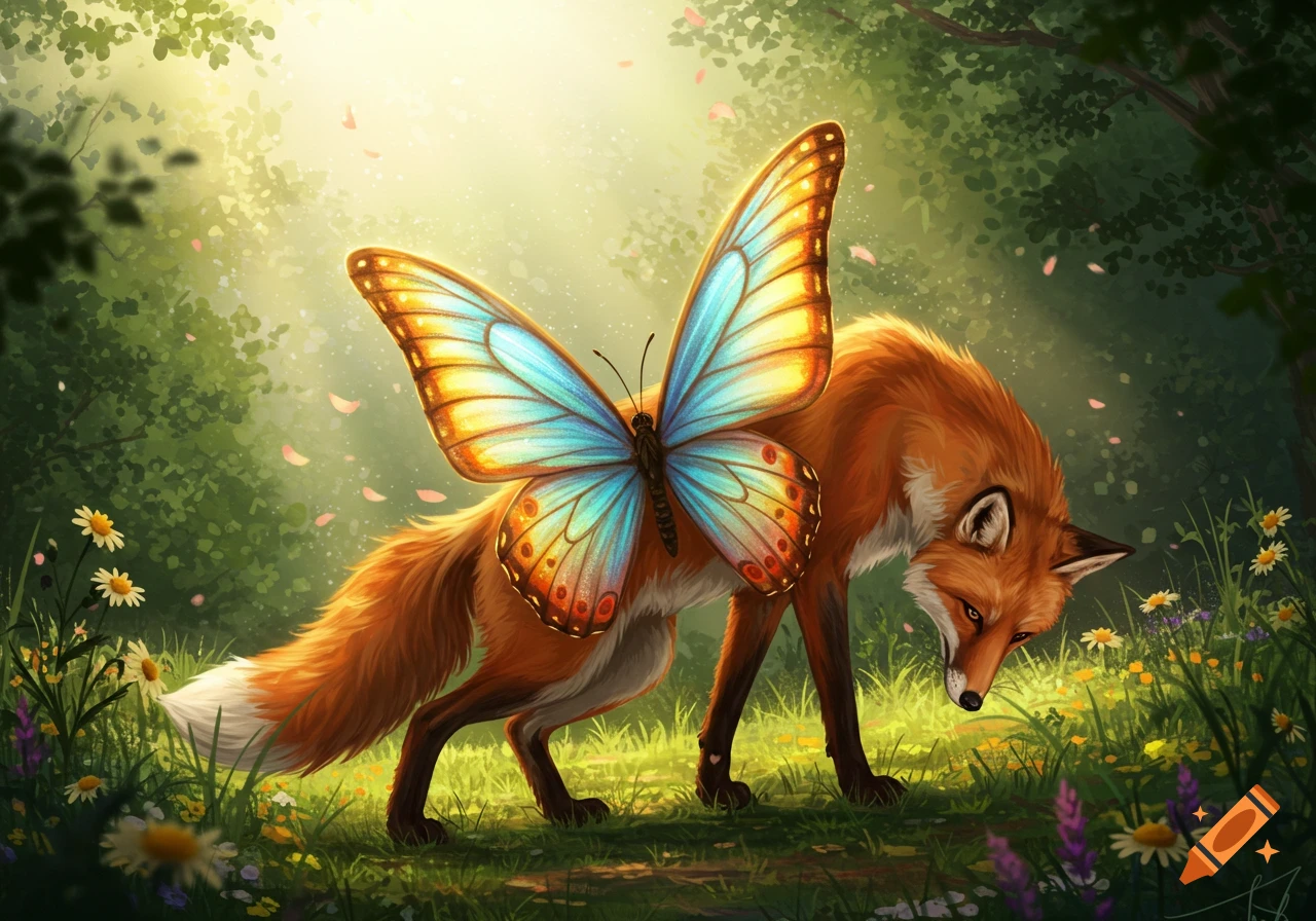 A vibrant illustration of a fox with blue and orange butterfly wings ...