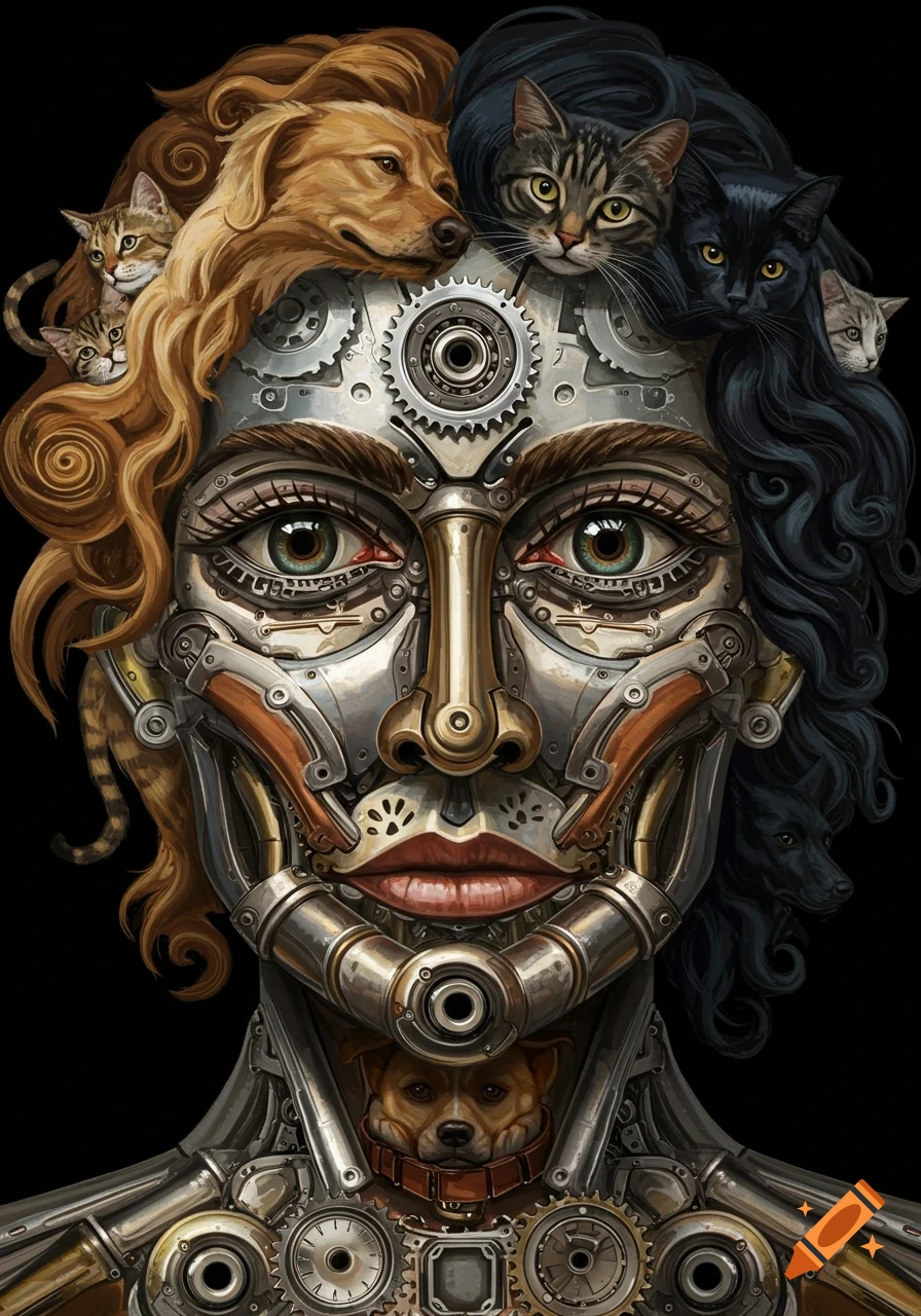 A surreal steampunk portrait of a human-like face made of metallic ...
