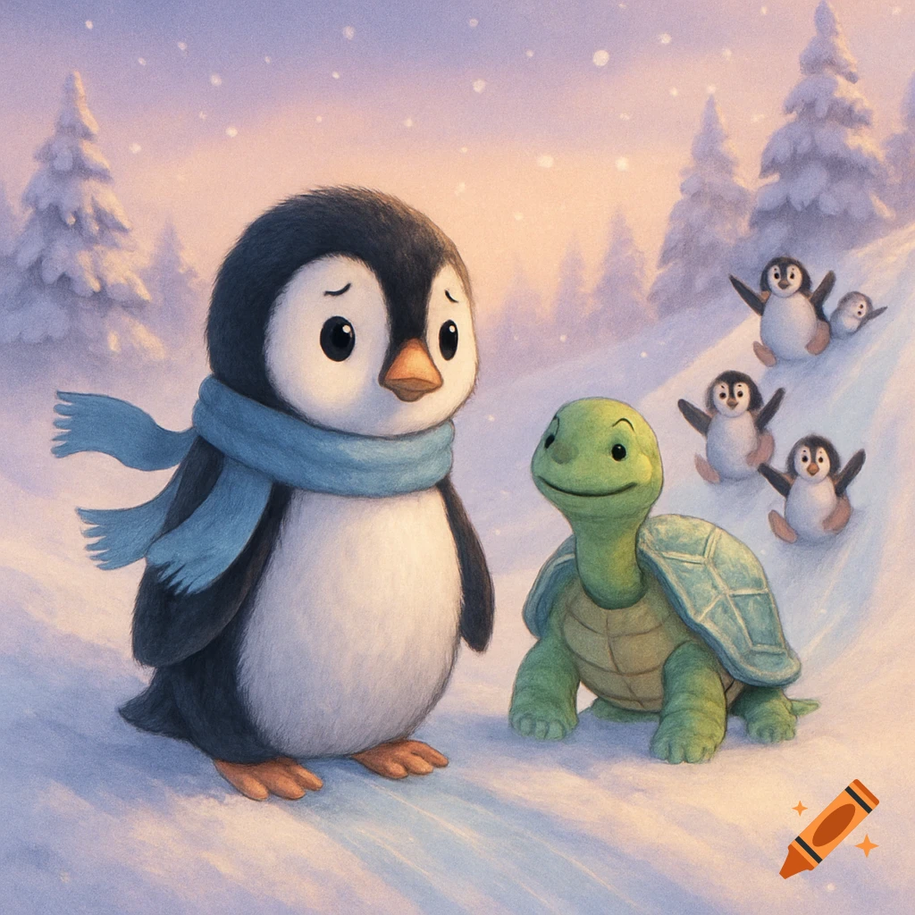 A cute cartoon penguin wearing a blue scarf stands next to a smiling ...