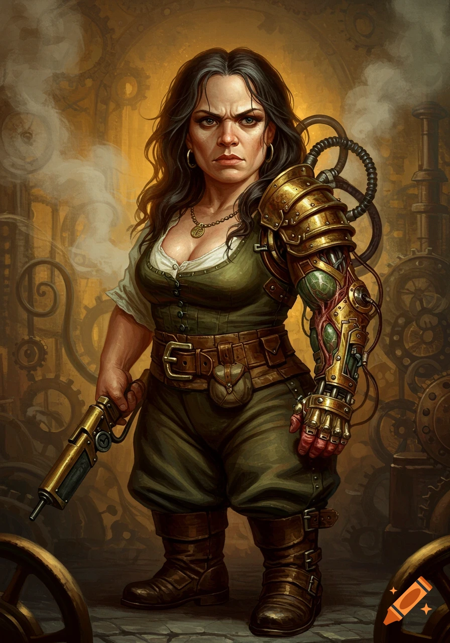 A sturdy dwarf woman with a determined expression and a mechanical ...
