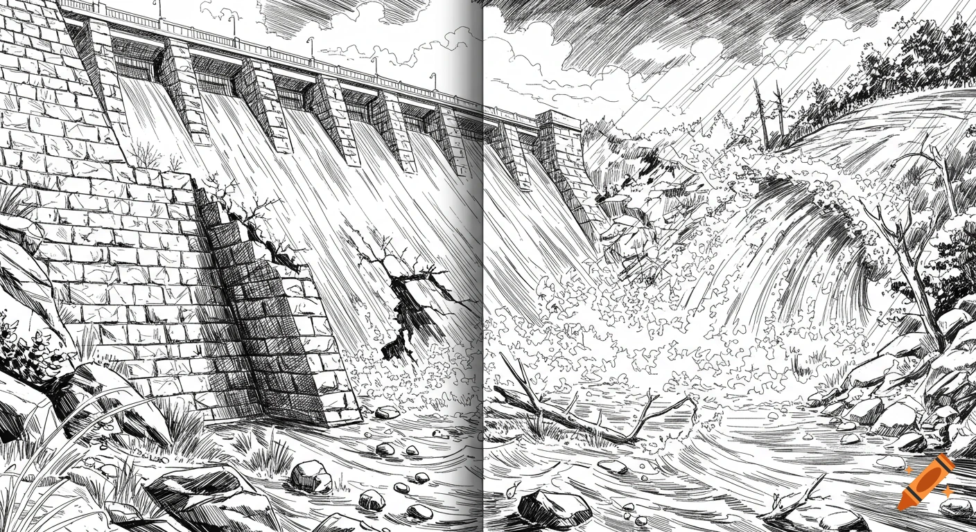 Ink sketch of a large concrete dam cracking, with water dramatically ...