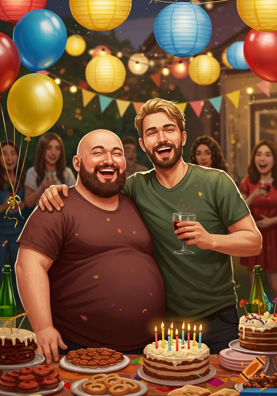 Two joyful men, one bald and one blonde, embrace and laugh at an ...