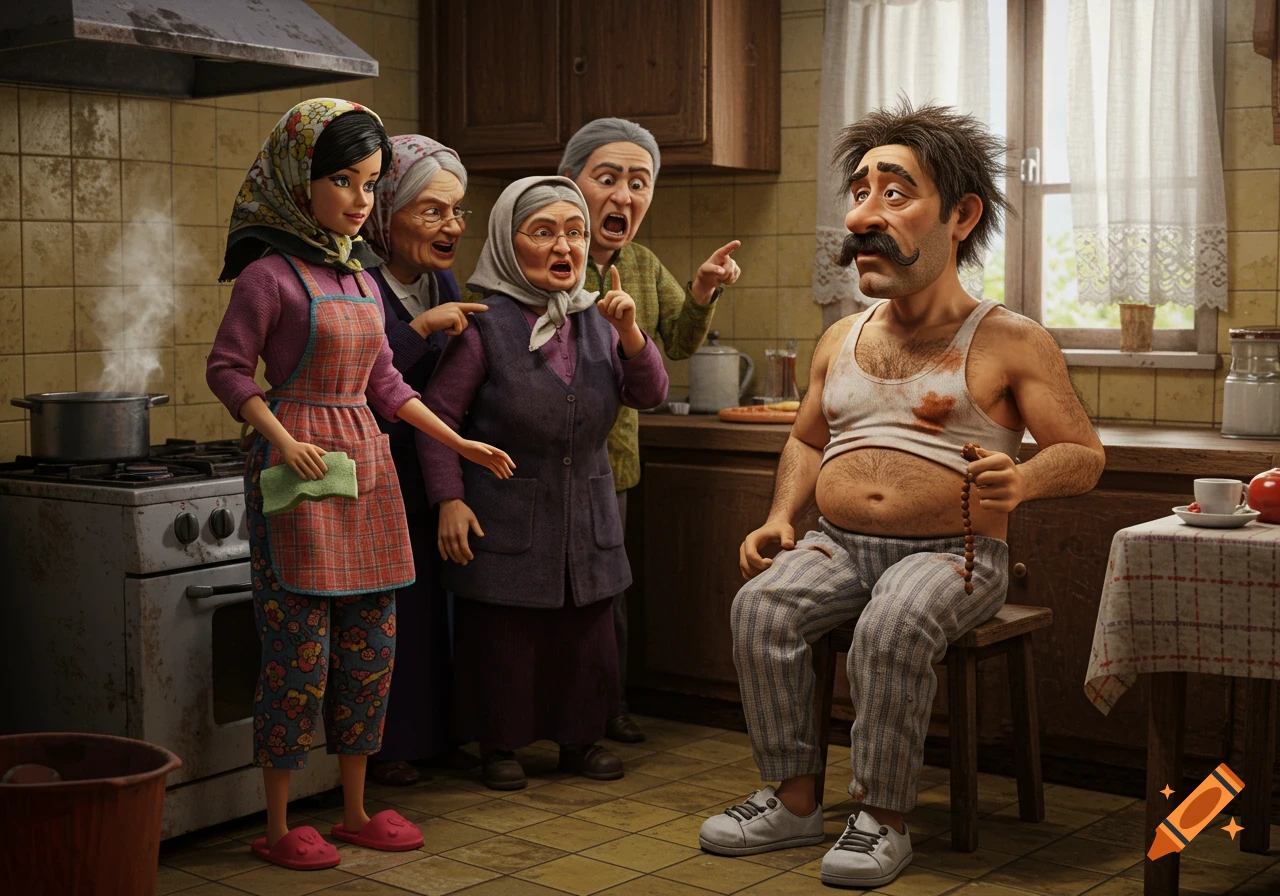 A 3D animated scene of a man with a mustache sitting lazily in a rustic ...