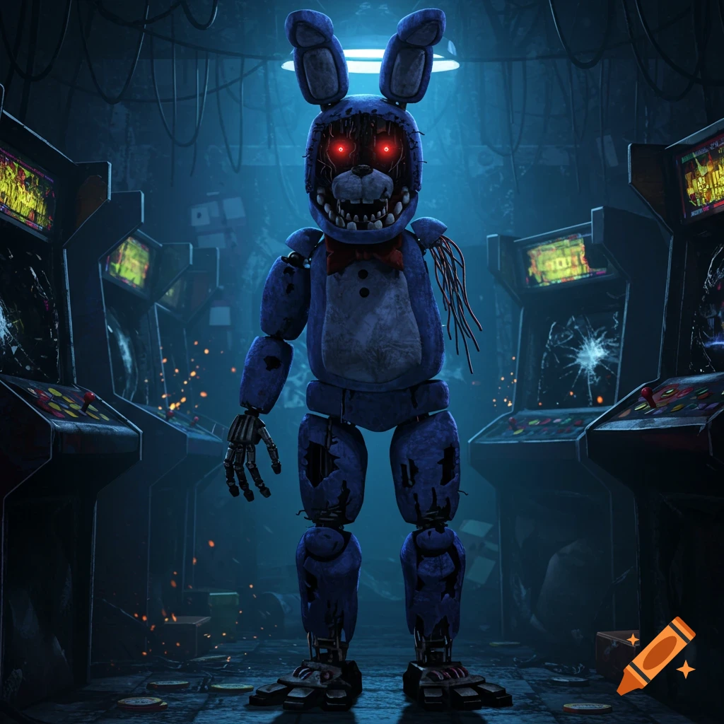 A menacing, torn blue animatronic rabbit with glowing red eyes stands ...