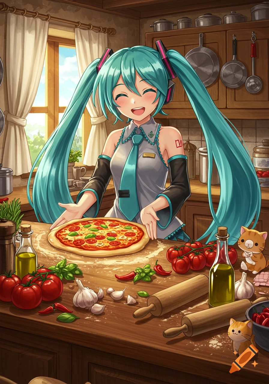 Hatsune Miku, an anime character with long turquoise pigtails, smiles ...