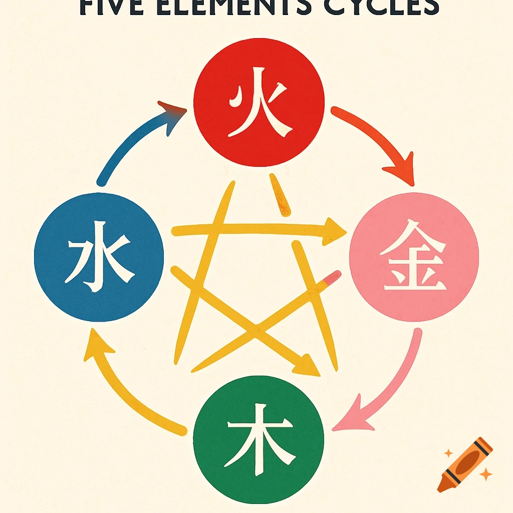 A colorful diagram illustrating the Five Elements Cycles with circles ...