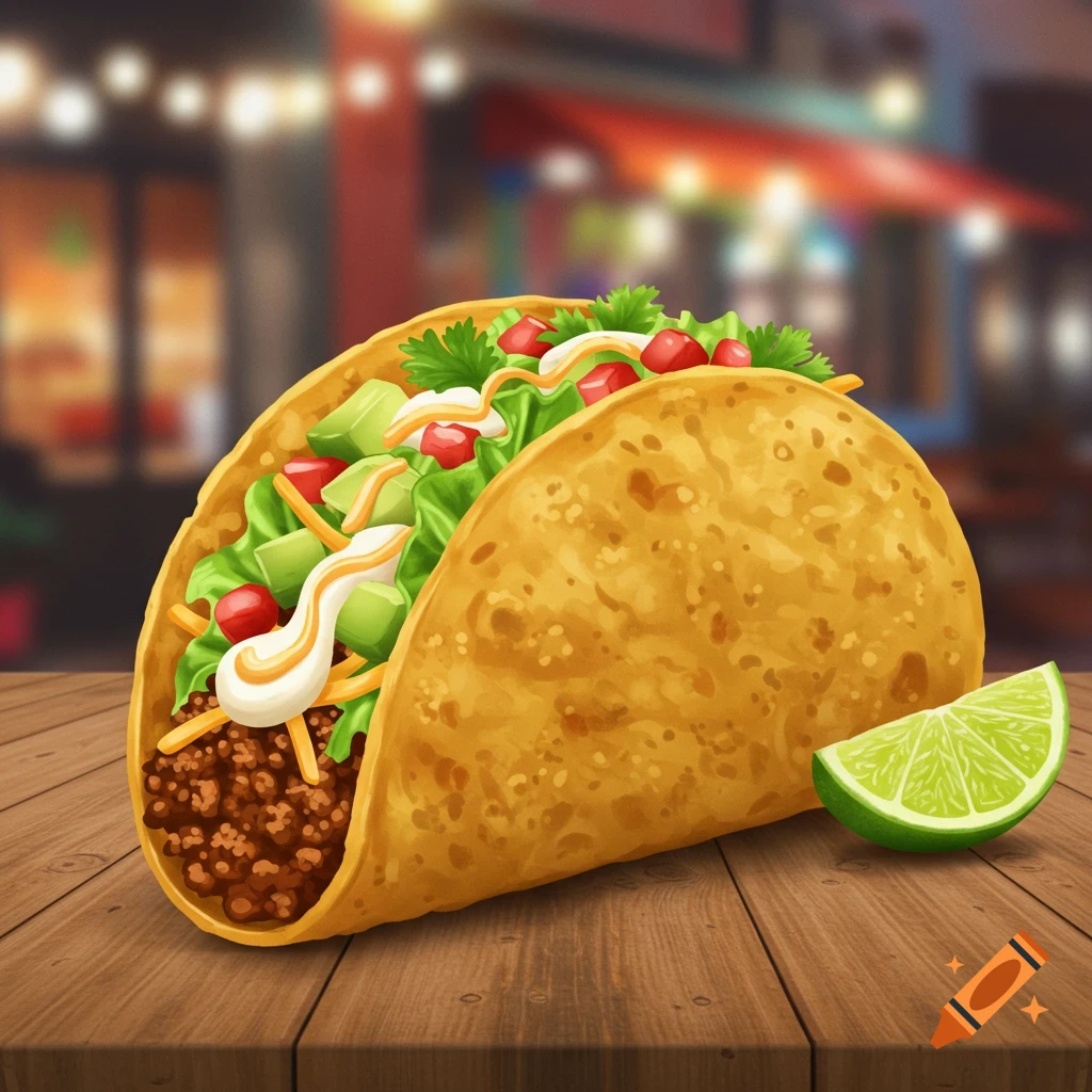Stylized taco filled with ground meat, lettuce, cheese, avocado ...