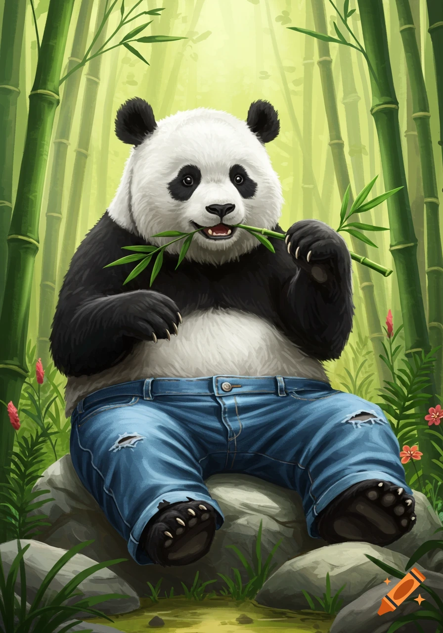 A smiling, cartoonish panda wearing ripped blue jeans sits on a rock ...